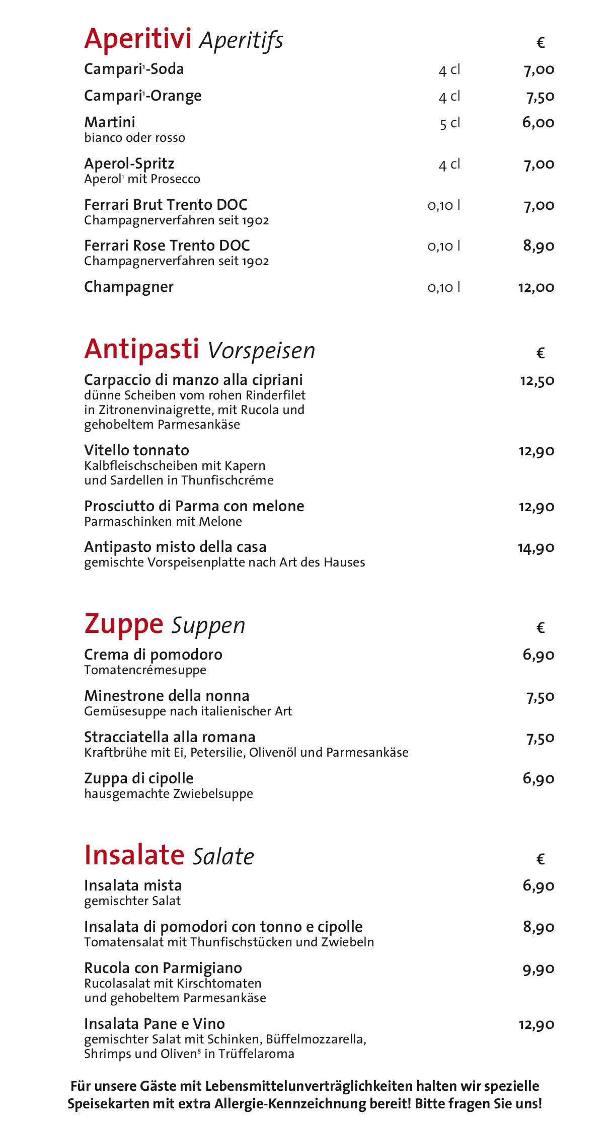 Speisekarte - Restaurant Pane e Vino in Berlin - DeutschlandGourmet