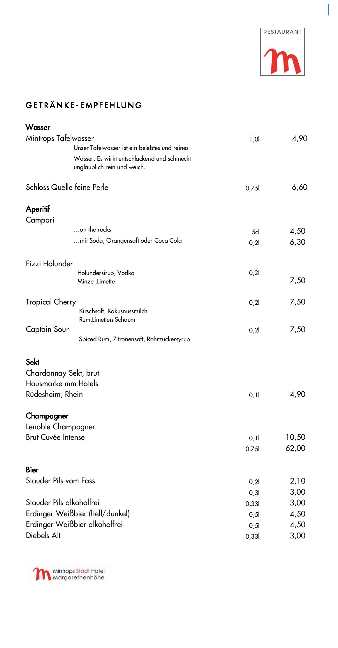 Speisekarte - Mintrops Stadt Hotel - Restaurant M in Essen ...