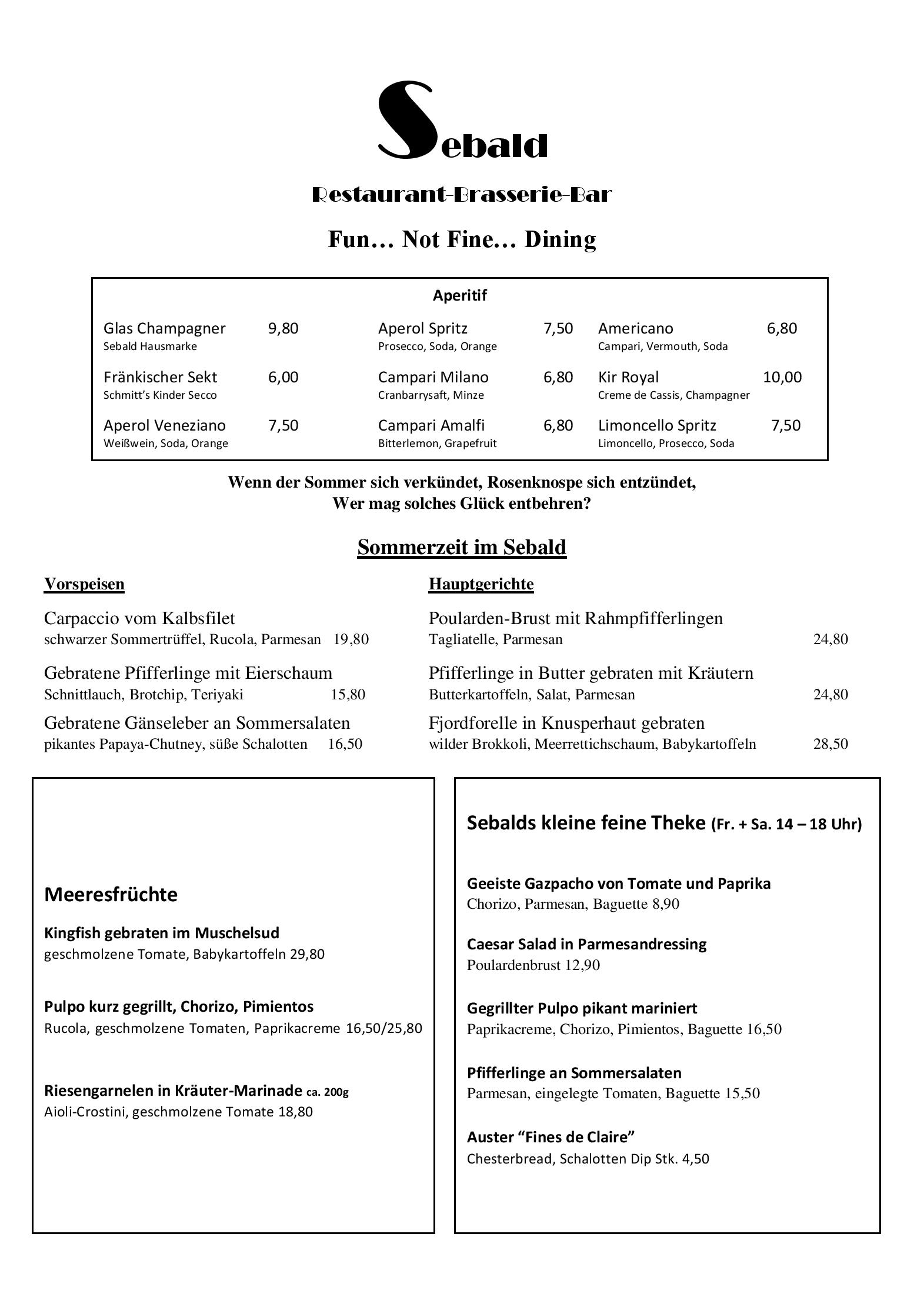 Speisekarte - Restaurant Sebald in Nürnberg - DeutschlandGourmet