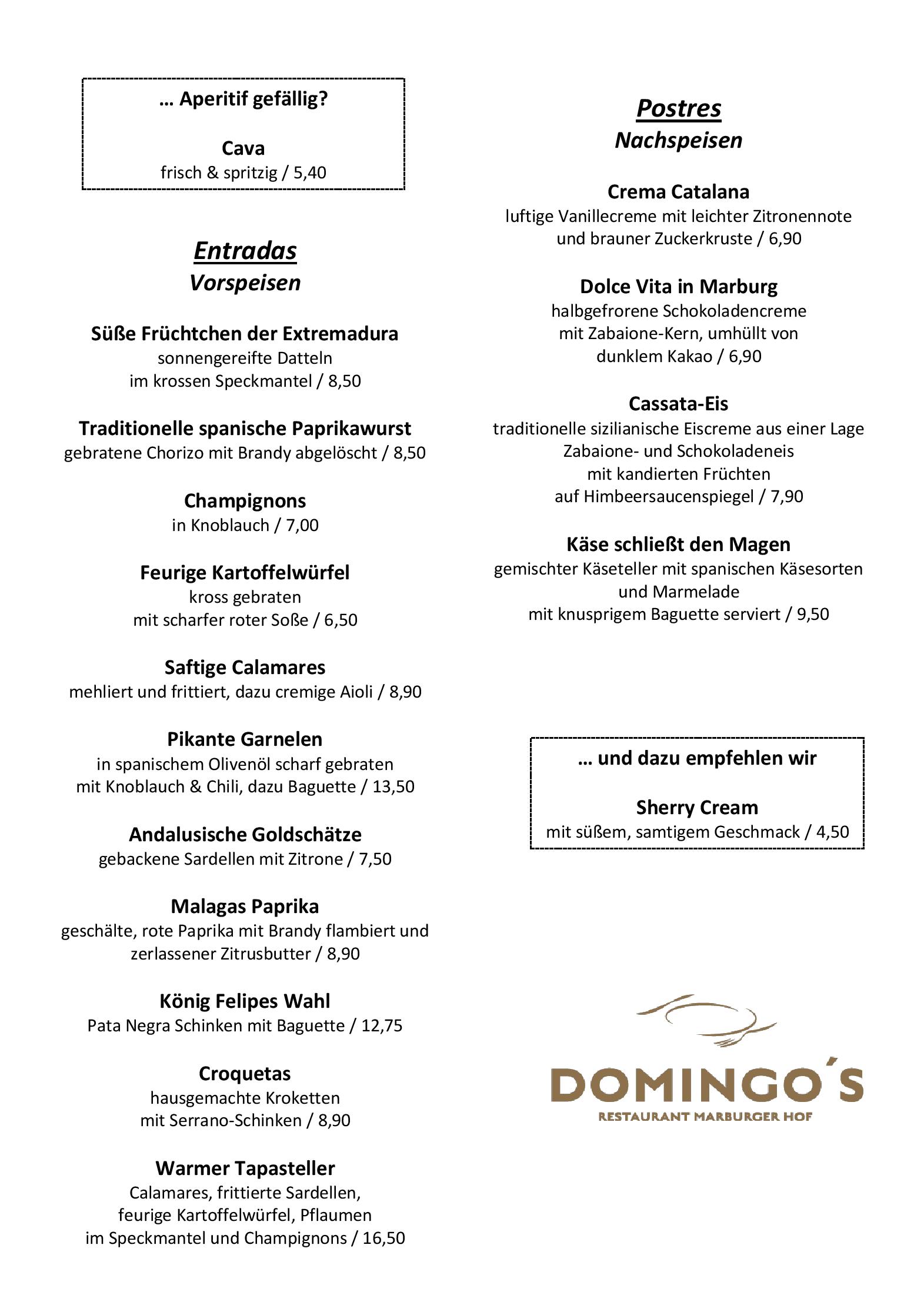 Speisekarte - Restaurant Domingos Hotel Marburger Hof in Marburg ...