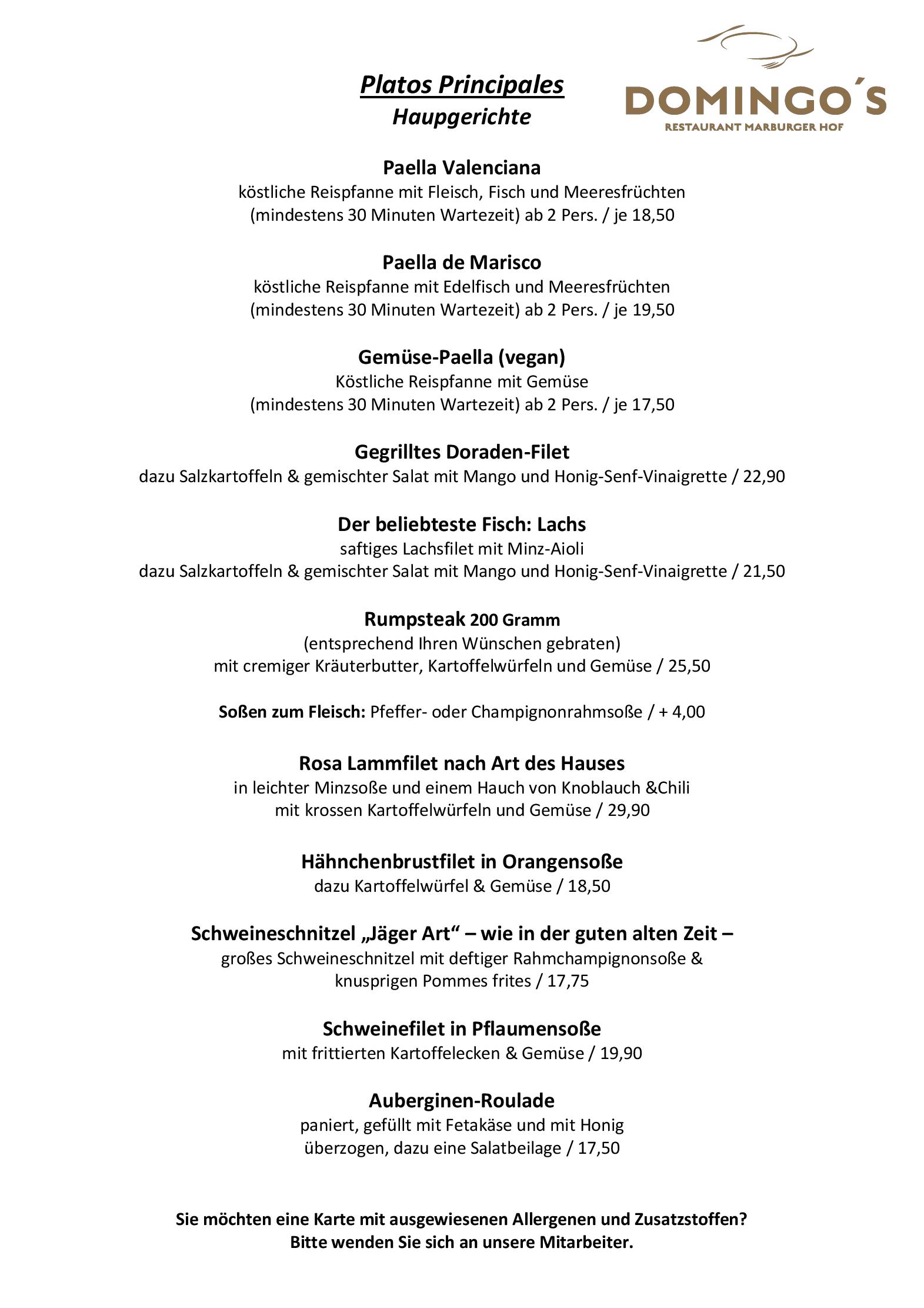 Speisekarte - Restaurant Domingos Hotel Marburger Hof in Marburg ...